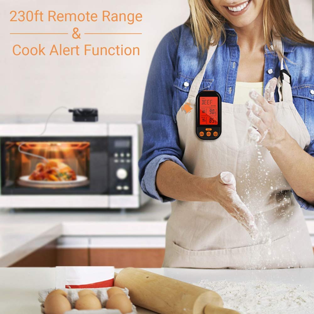 Excellent Home 230 Feet Wireless Range Grill Oven Meat Thermometer with Timer and LCD Backlight Waterproof Dual Probe Kitchen Cooking Food Thermometer