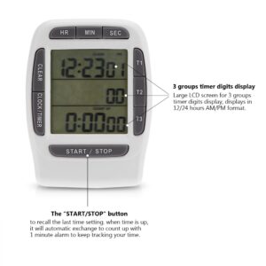 Timer, Kitchen Timer, LCD Large Display 3 Channels Digital Timer, Loud Volume Alarm Desk Timers for Kitchen,Classroom, Teacher, Toothbrush, Exercise, Oven, Baking, Table