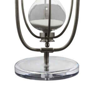 Deco 79 Glam Glass Timer, Acrylic Hourglass Sand Timer with Swiveling Iron Cage, 6" L x 6" W x 12" H, Silver