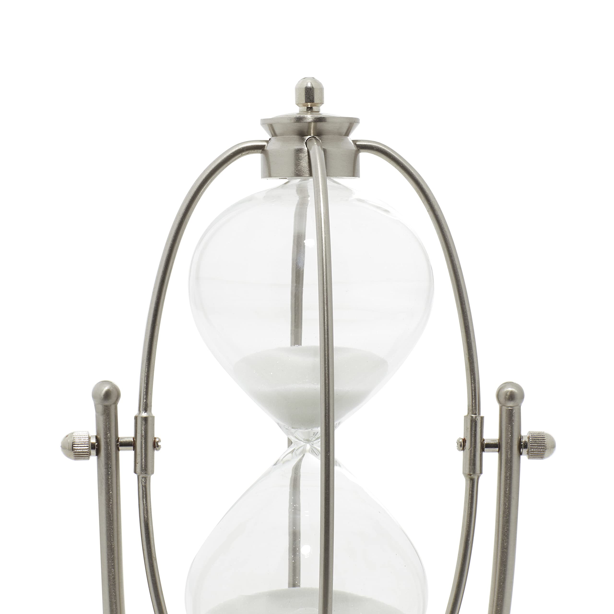 Deco 79 Glam Glass Timer, Acrylic Hourglass Sand Timer with Swiveling Iron Cage, 6" L x 6" W x 12" H, Silver