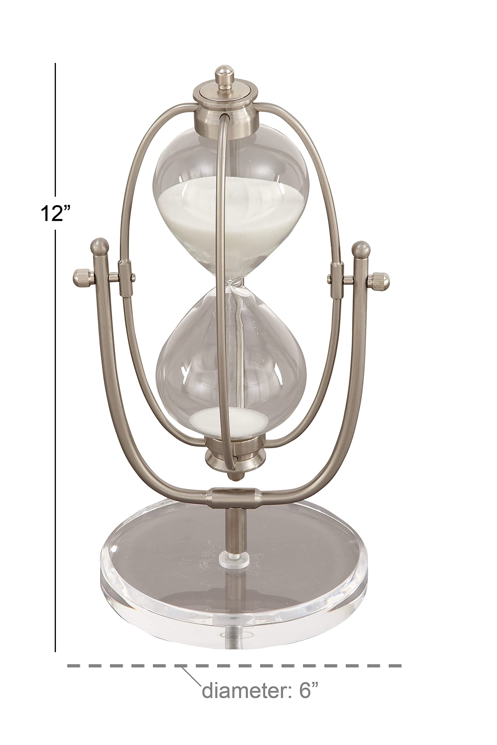 Deco 79 Glam Glass Timer, Acrylic Hourglass Sand Timer with Swiveling Iron Cage, 6" L x 6" W x 12" H, Silver