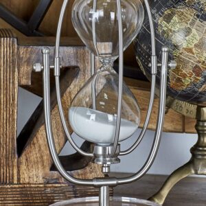 Deco 79 Glam Glass Timer, Acrylic Hourglass Sand Timer with Swiveling Iron Cage, 6" L x 6" W x 12" H, Silver