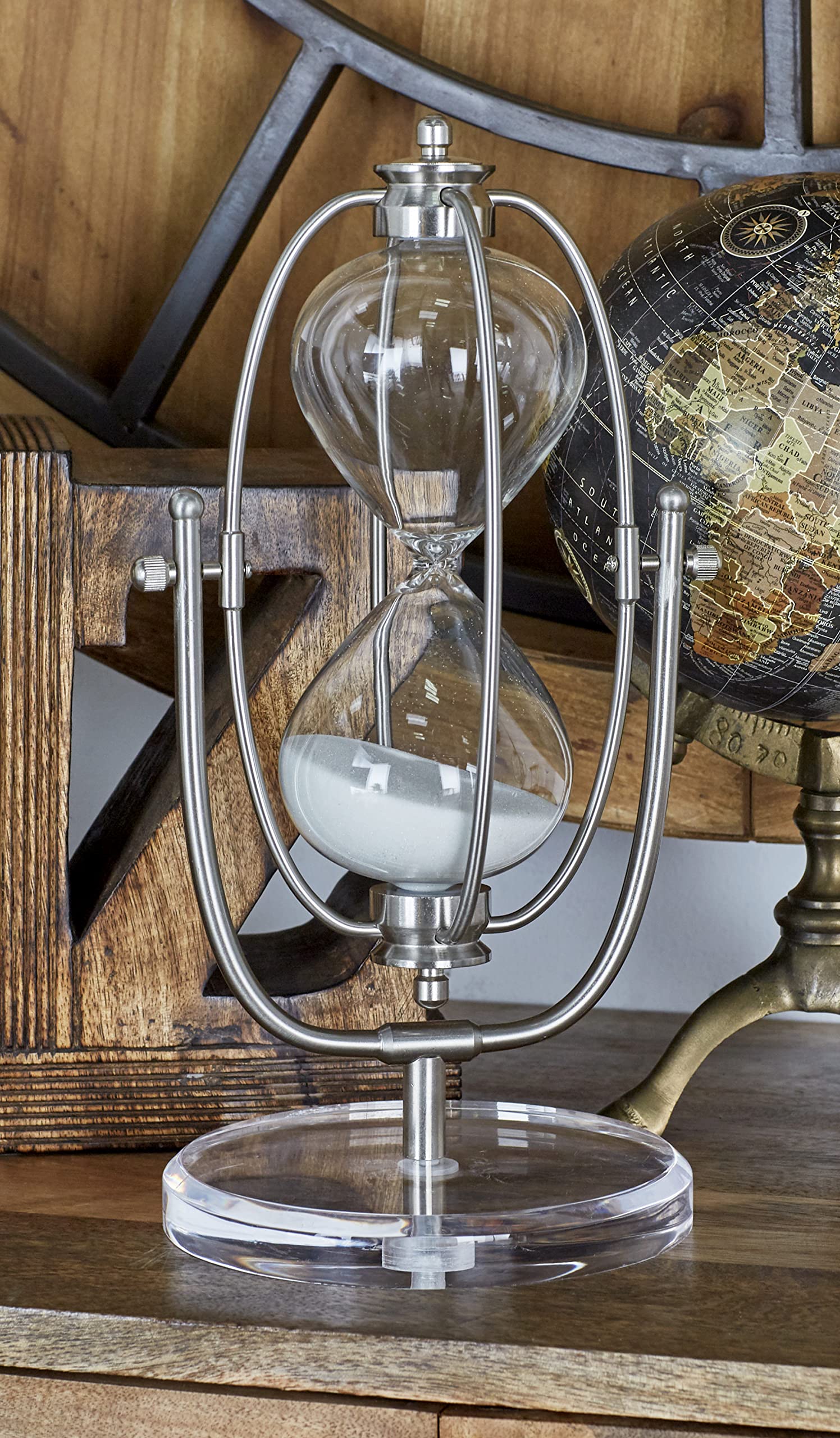 Deco 79 Glam Glass Timer, Acrylic Hourglass Sand Timer with Swiveling Iron Cage, 6" L x 6" W x 12" H, Silver