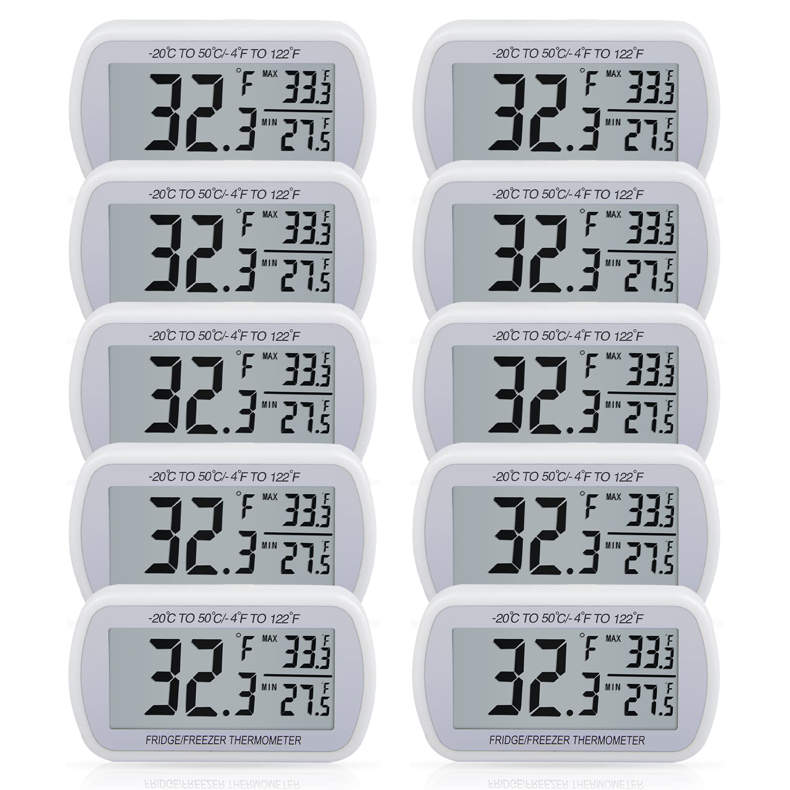 AEVETE 10 Pack Waterproof Digital Refrigerator Thermometer Large LCD, Freezer Room Thermometer with Magnetic Back, No Frills Easy to Read