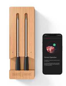 paris rhône 263ft smart meat thermometer, wireless meat thermometer, food thermometer with smart alert, ip67 waterproof, dishwasher safe for the grill, kitchen, garden, rotisserie (bamboo/2 probes)