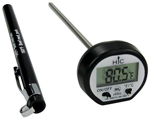 HIC KItchen Roasting Instant-Read Digital Meat Thermometer, Shatterproof LCD Display, Stainless Steel with Protective Sheath and Internal Temperature Chart