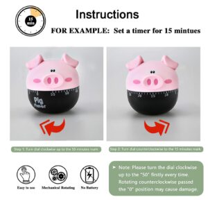 Kitchen Timer Cute Piggy Shape 60 Minutes Mechanical Manual Timer Accessories for Kids,Home Cooking Timer, Pink, 6.5 cm/2.6 in *7 cm/2.8 in