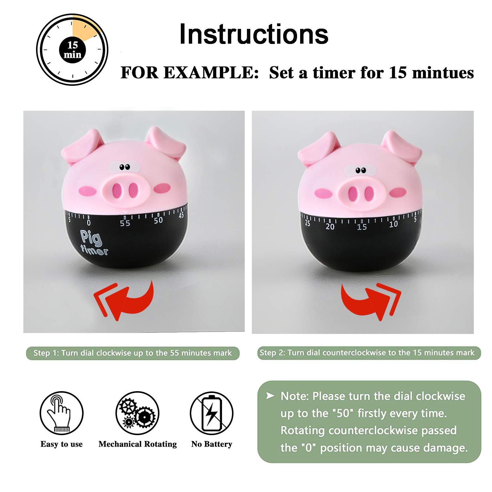 Kitchen Timer Cute Piggy Shape 60 Minutes Mechanical Manual Timer Accessories for Kids,Home Cooking Timer, Pink, 6.5 cm/2.6 in *7 cm/2.8 in