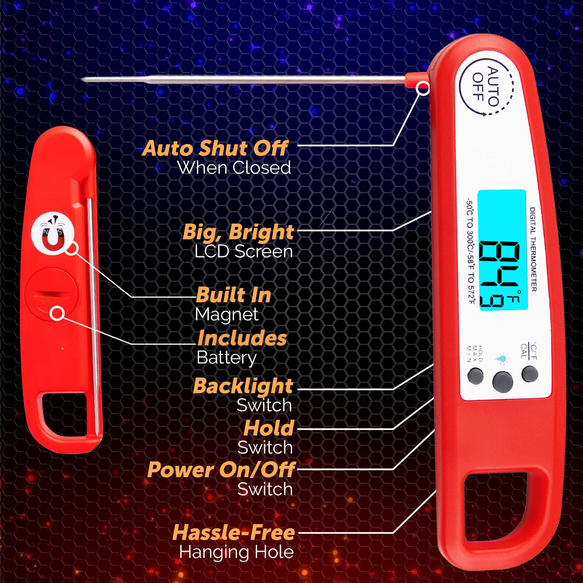 Instantaneous Digital BBQ Reading Meat, Food,Candy Thermometer/Probe Water-Resistant New Super Accurate