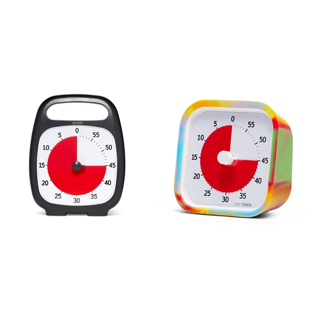 TIME TIMER Plus 60 Minute Desk Visual Timer with Portable Handle (Charcoal) and Time Timer MOD Tie Dye Visual Timer for Kids Classroom Learning (Tie Dye)