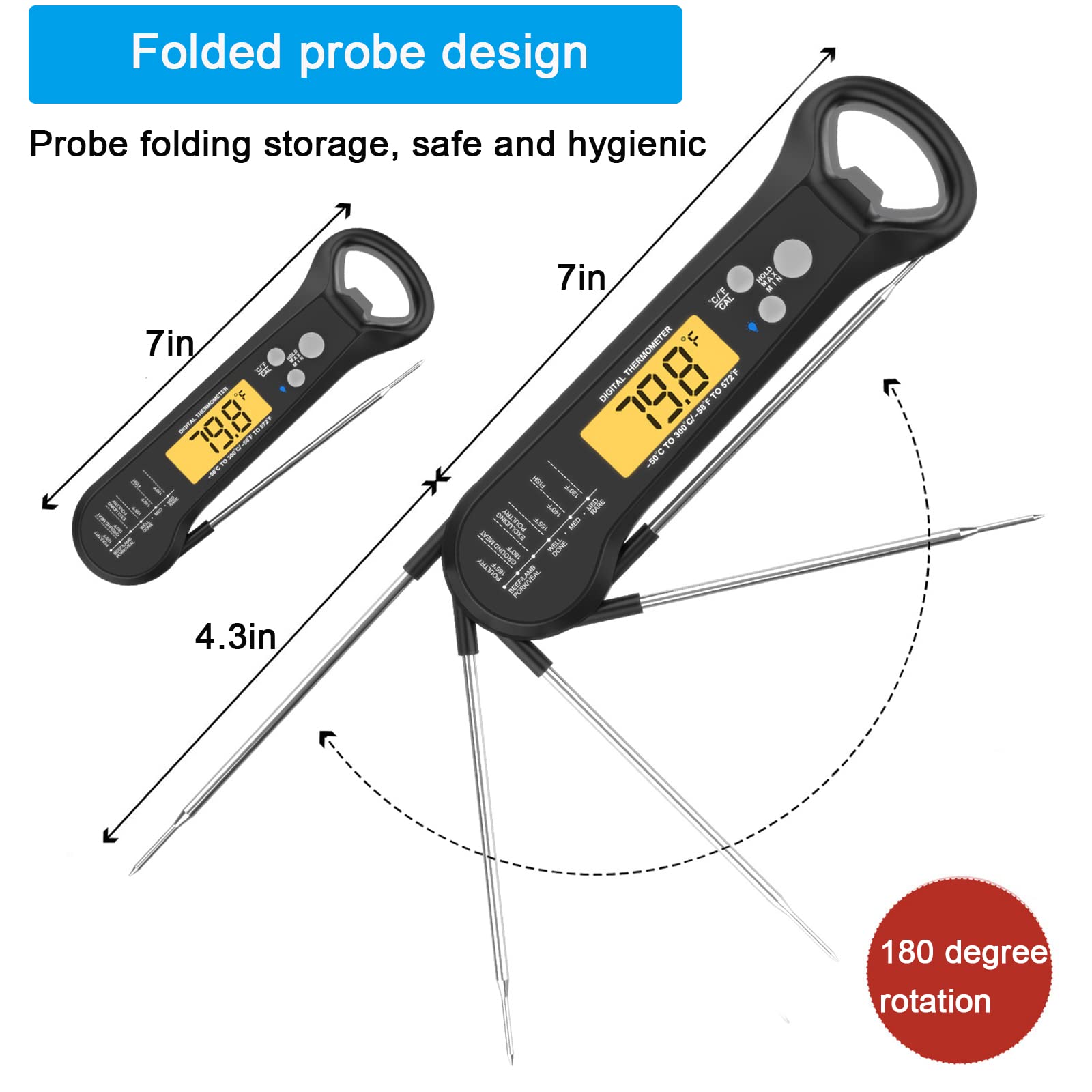 Digital Meat Thermometer with Probe,Instant Read Thermometer for Cooking,Fast and Accurate Food Thermometer with Corkscrew, Backlight, Magnet,Calibration and Foldable Probe for Frying,Grilling