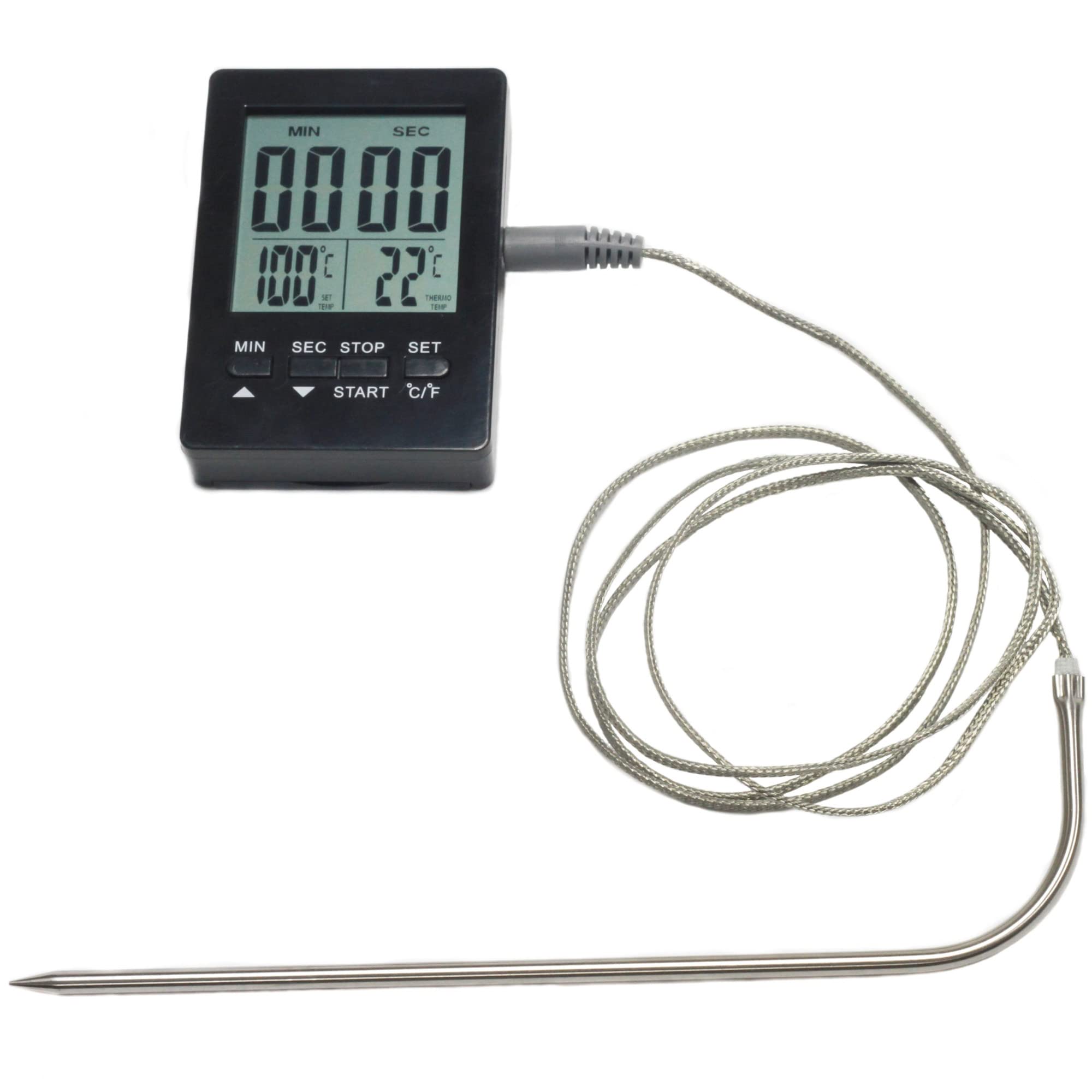 Chef Craft Select Digital Thermometer and Timer with Probe, 7 inch Probe 3 inch Timer, Black