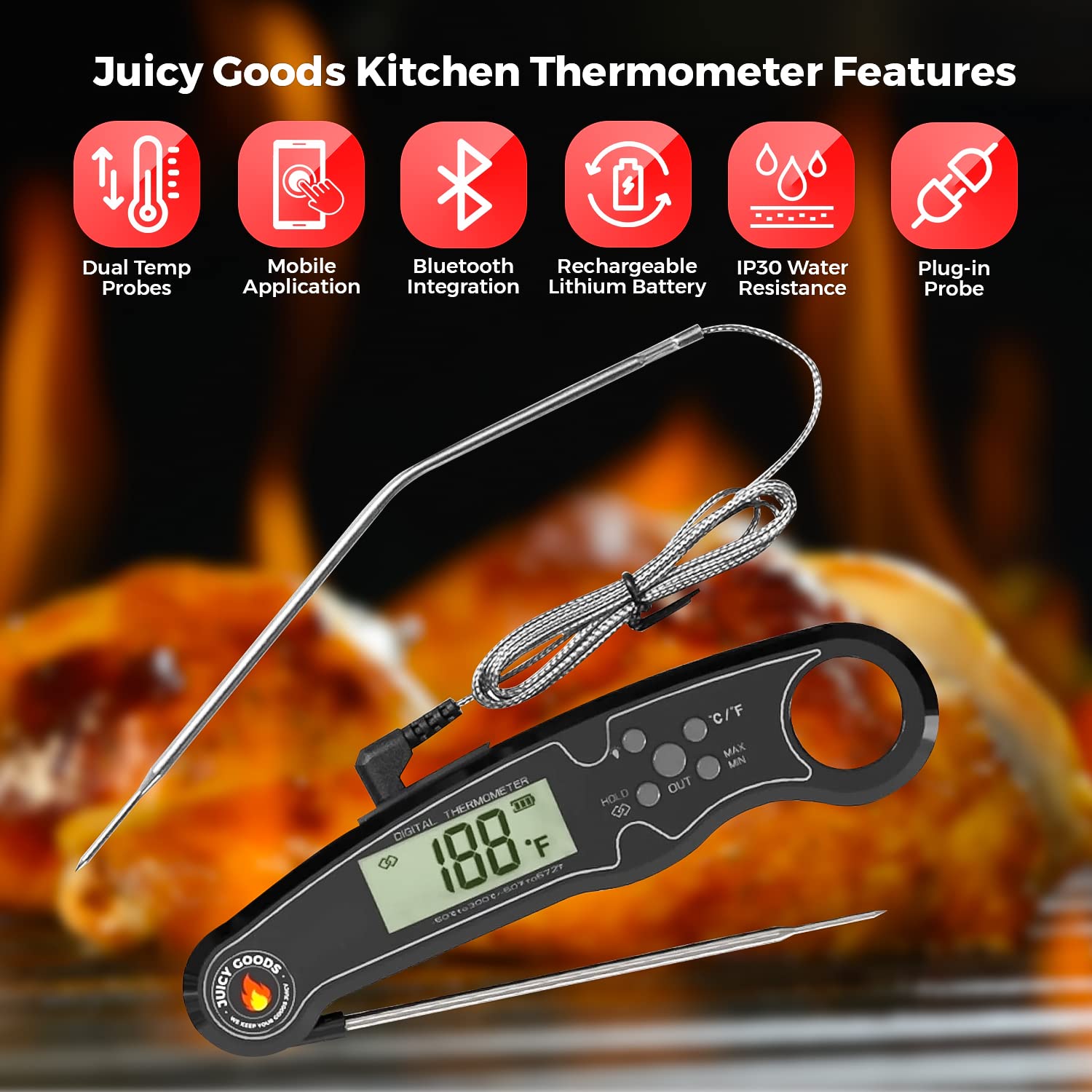 Bluetooth Digital Meat Thermometer- Dual Probe BBQ Thermometer- Cooking Thermometer with Mobile App Rechargeable Battery & Built-in Magnet-Water Resistant Instant Read Food Thermometer