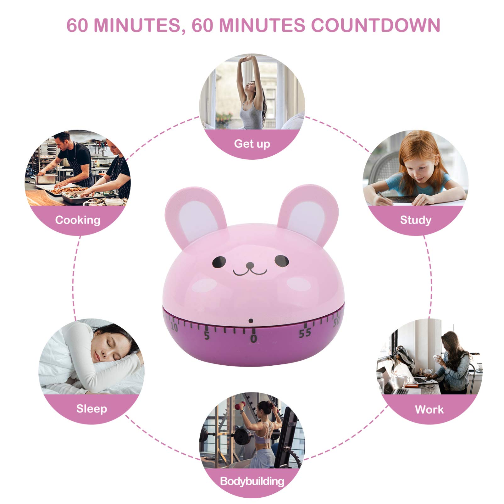 Cabilock Animal Cooking Timer Kitchen Animal Cooking Timer Cute Bunny Mechanical Timer Wind Up Countdown Timer Alarm for Baking Study Classroom Time Management (Purple) Kitchen Countdown Timer