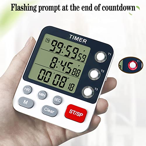 Xluvuvuk Timer Cooking Timer Digital Kitchen Cooking Electronic Timer Three Channel Back with Magnetic Timer, with Alarm and Flashing Light Prompt, Suitable for Cooking, Student Learning, Training