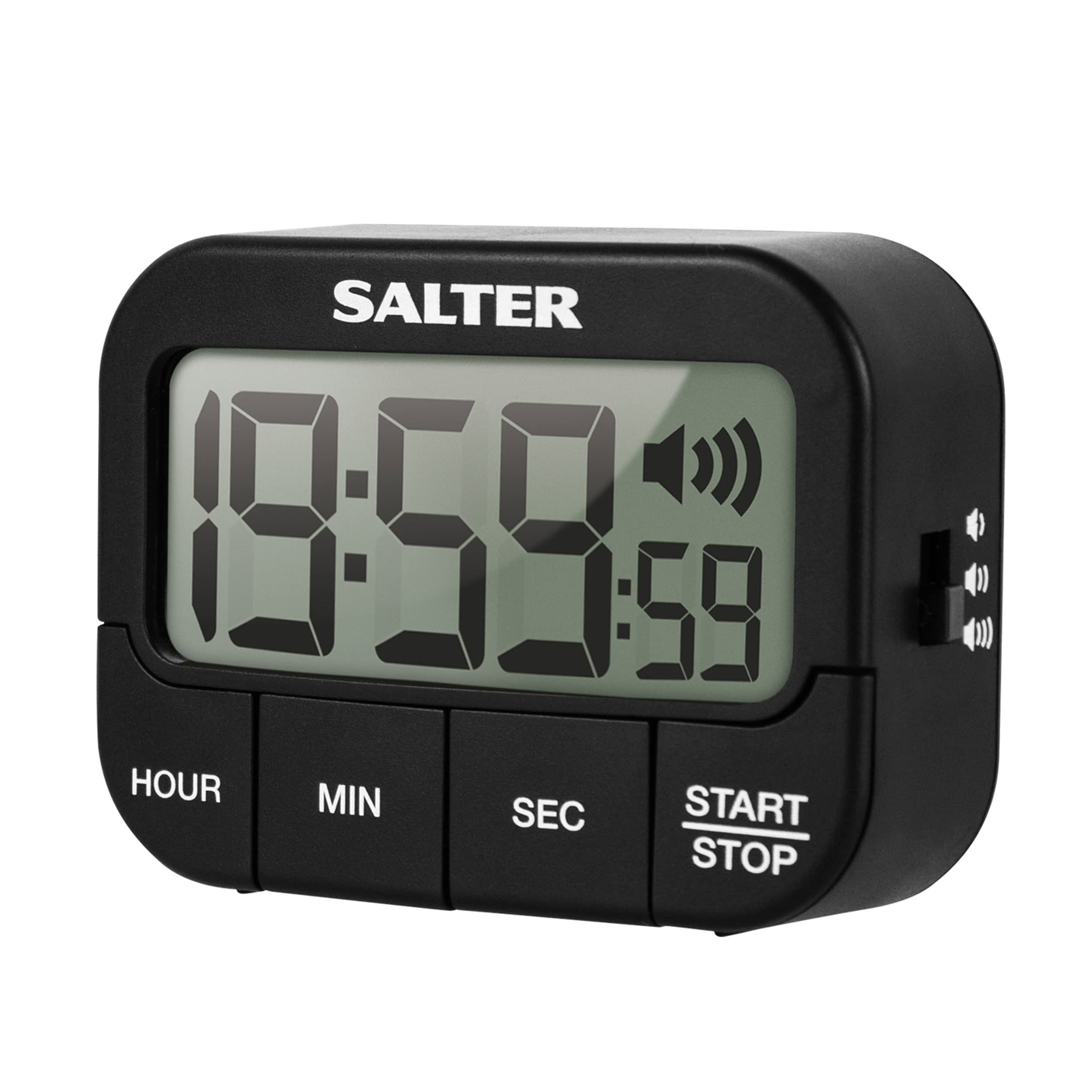 Salter Kitchen Digital Display Count up or Countdown Timer, Adjustable Loud Beeper, Large Start/Stop Button, Memory Function, Magnetic or Self Standing-Black, Plastic