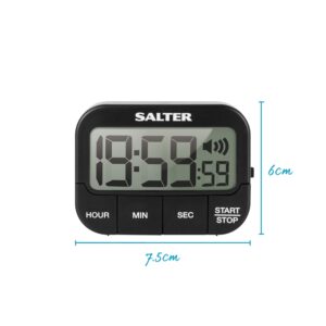 Salter Kitchen Digital Display Count up or Countdown Timer, Adjustable Loud Beeper, Large Start/Stop Button, Memory Function, Magnetic or Self Standing-Black, Plastic