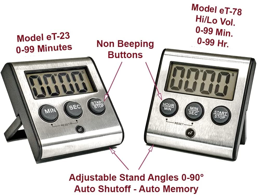 eTradewinds Elegant Digital Kitchen Timers 2 Pack Bundle Featuring Stainless Steel Models eT-23 and Model eT-24, Auto Shutoff Auto Memory