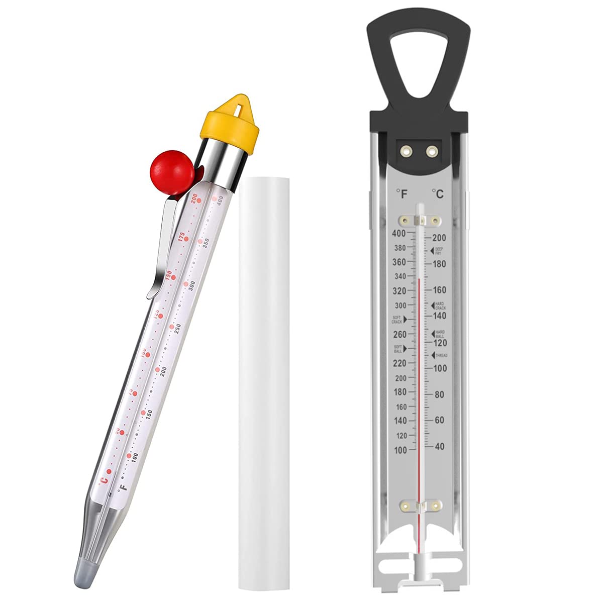 2 Pack Candy Thermometer with Pot Clip, Stainless Steel Cooking Thermomete ＆ Glass Thermometer, Jam/Sugar/Syrup/Jelly/Oil/Deep Fry Thermometer with Hanging Hook, Quick Reference Temperature Guide