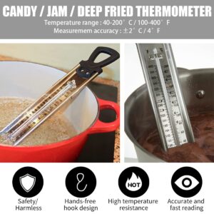 2 Pack Candy Thermometer with Pot Clip, Stainless Steel Cooking Thermomete ＆ Glass Thermometer, Jam/Sugar/Syrup/Jelly/Oil/Deep Fry Thermometer with Hanging Hook, Quick Reference Temperature Guide