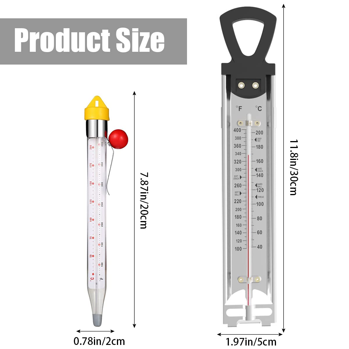 2 Pack Candy Thermometer with Pot Clip, Stainless Steel Cooking Thermomete ＆ Glass Thermometer, Jam/Sugar/Syrup/Jelly/Oil/Deep Fry Thermometer with Hanging Hook, Quick Reference Temperature Guide