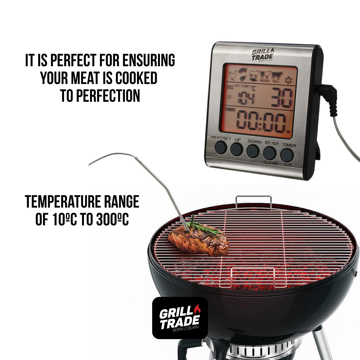 Grill Trade Instant Digital Meat Thermometer with Probe - Electric Meat Temperature Probe in Celsius for Grill, BBQ Smoker, Cooking, Oven - Waterproof & Heat Resistant with Backlight & Calibration