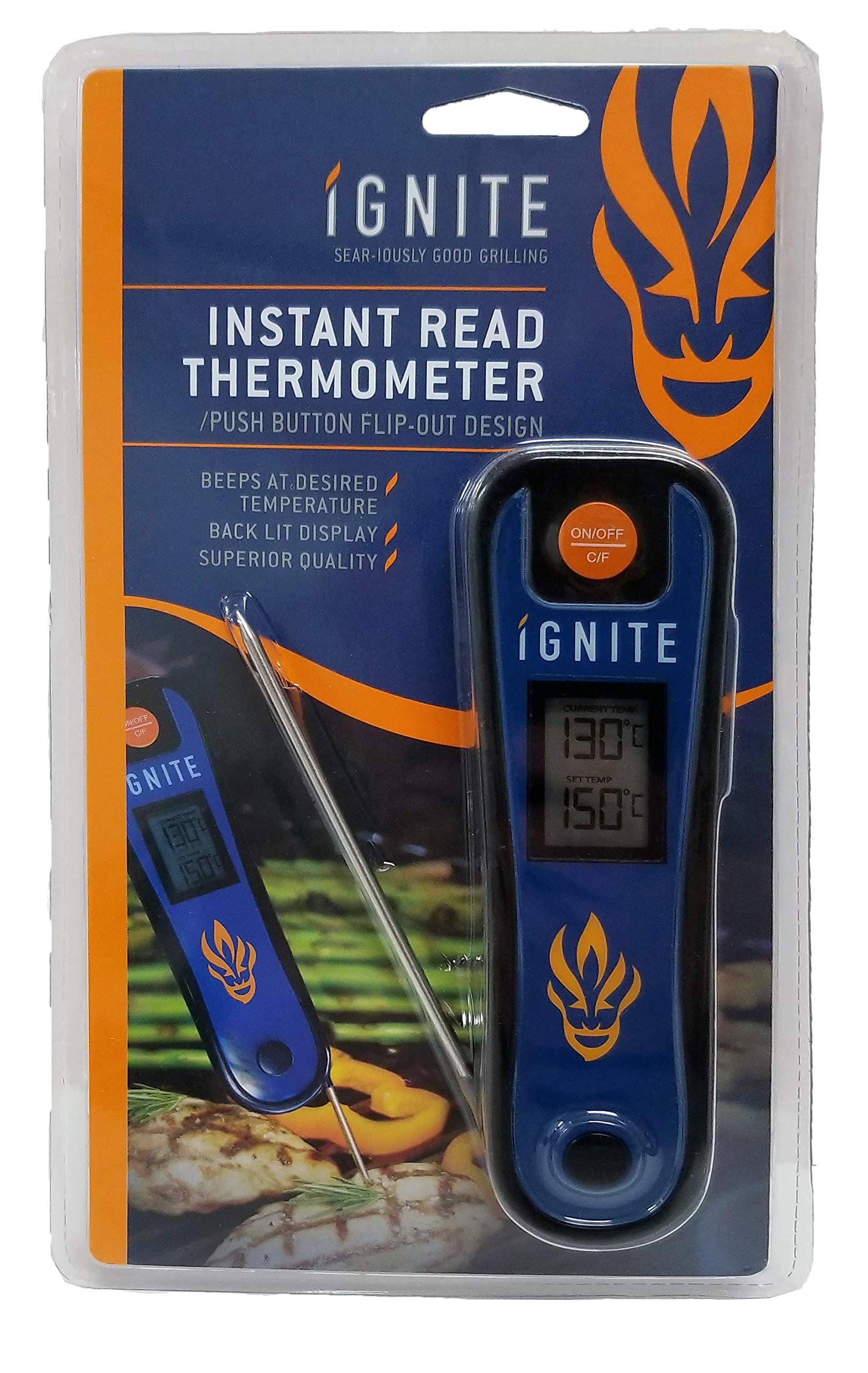 Ignite Instant Read Thermometer - Push Button FLIP-Out Design- Digital Thermometer for Kitchen, Outdoor Cooking, BBQ, and Grill!