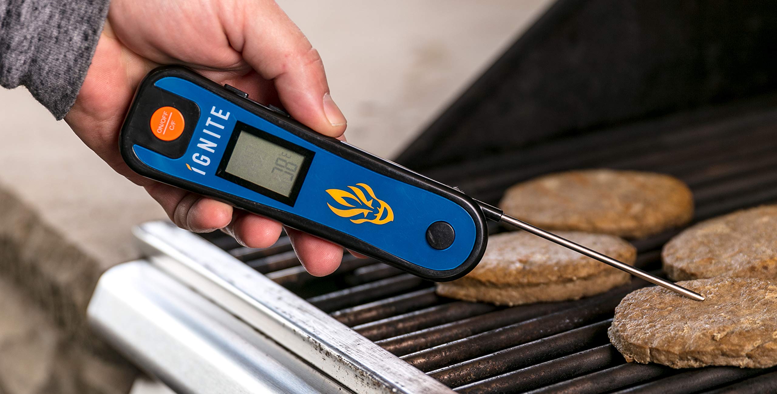 Ignite Instant Read Thermometer - Push Button FLIP-Out Design- Digital Thermometer for Kitchen, Outdoor Cooking, BBQ, and Grill!