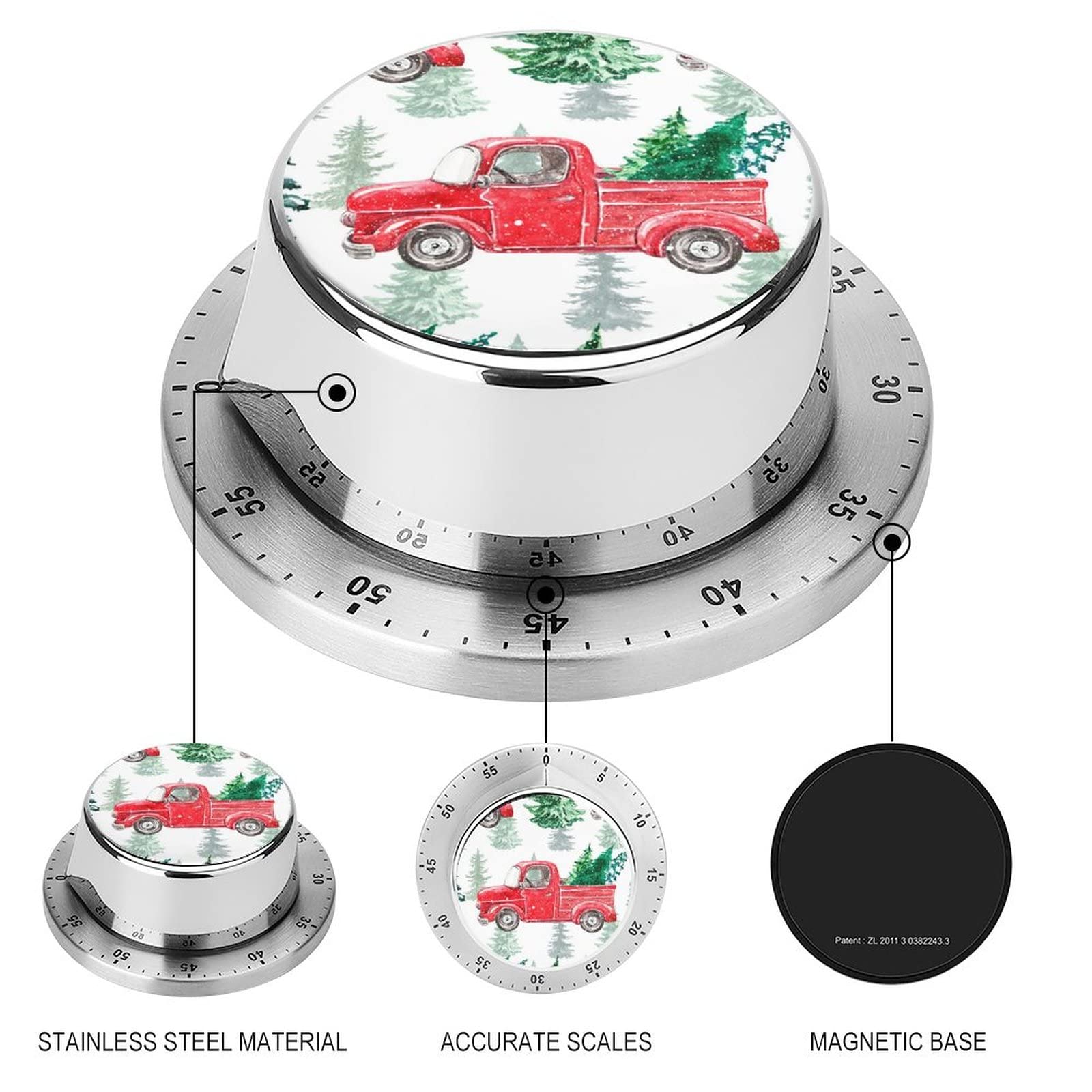 Kitchen Timer, Kitchen Timers for Cooking, Kitchen Timer Magnetic, Christmas Red Truck Pattern Waterproof Time Timer Stainless Steel Multiuse for Home Baking Cooking Oven