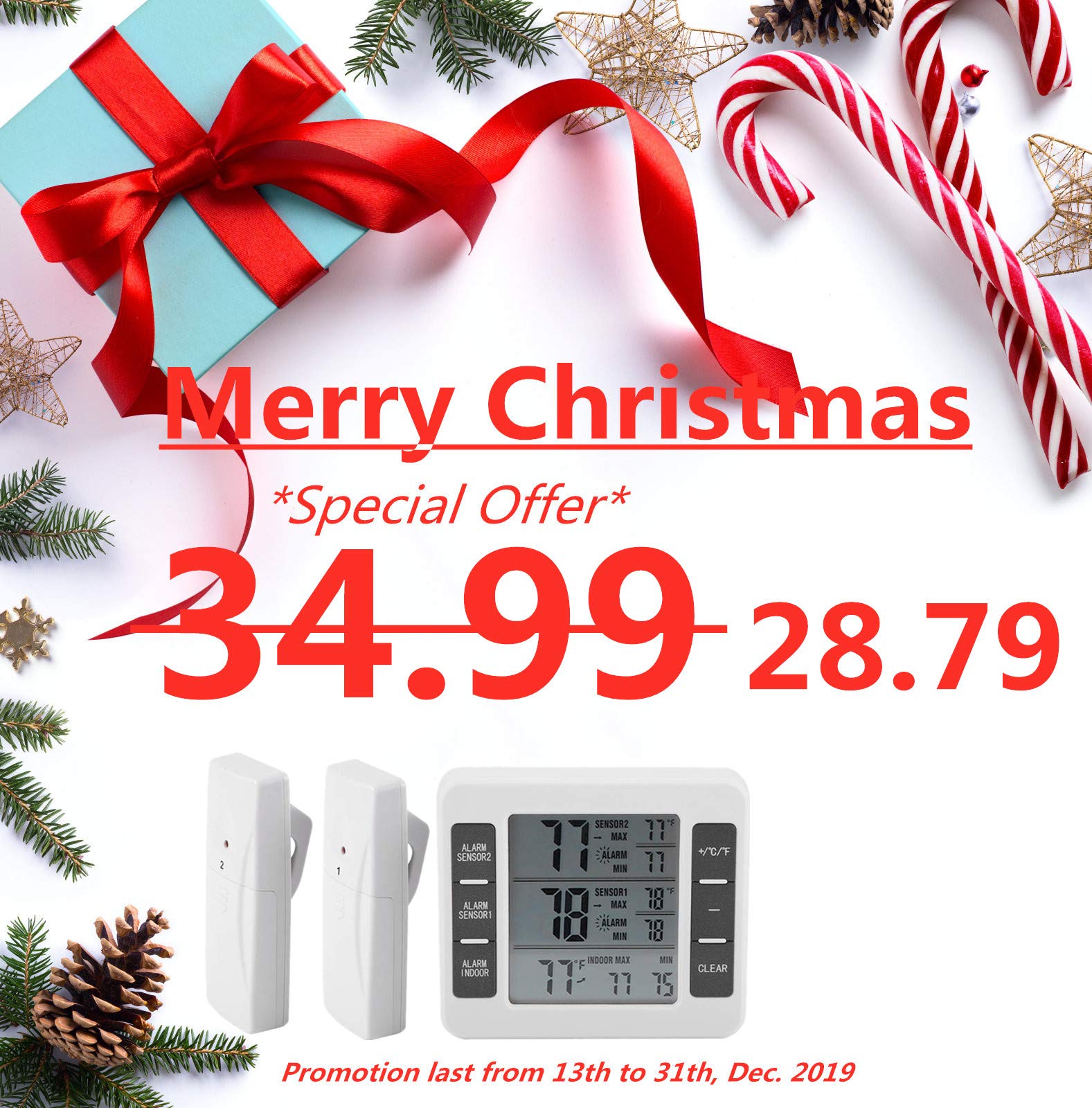 Freezer Thermometer with Alarm, digital Thermometer for Freezer with 2PCS Sensor Min/Max Display