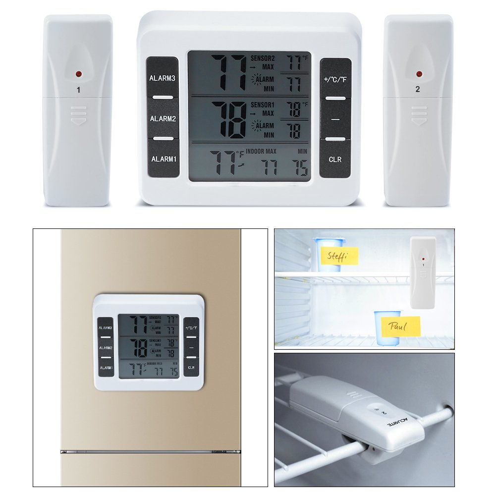 Freezer Thermometer with Alarm, digital Thermometer for Freezer with 2PCS Sensor Min/Max Display