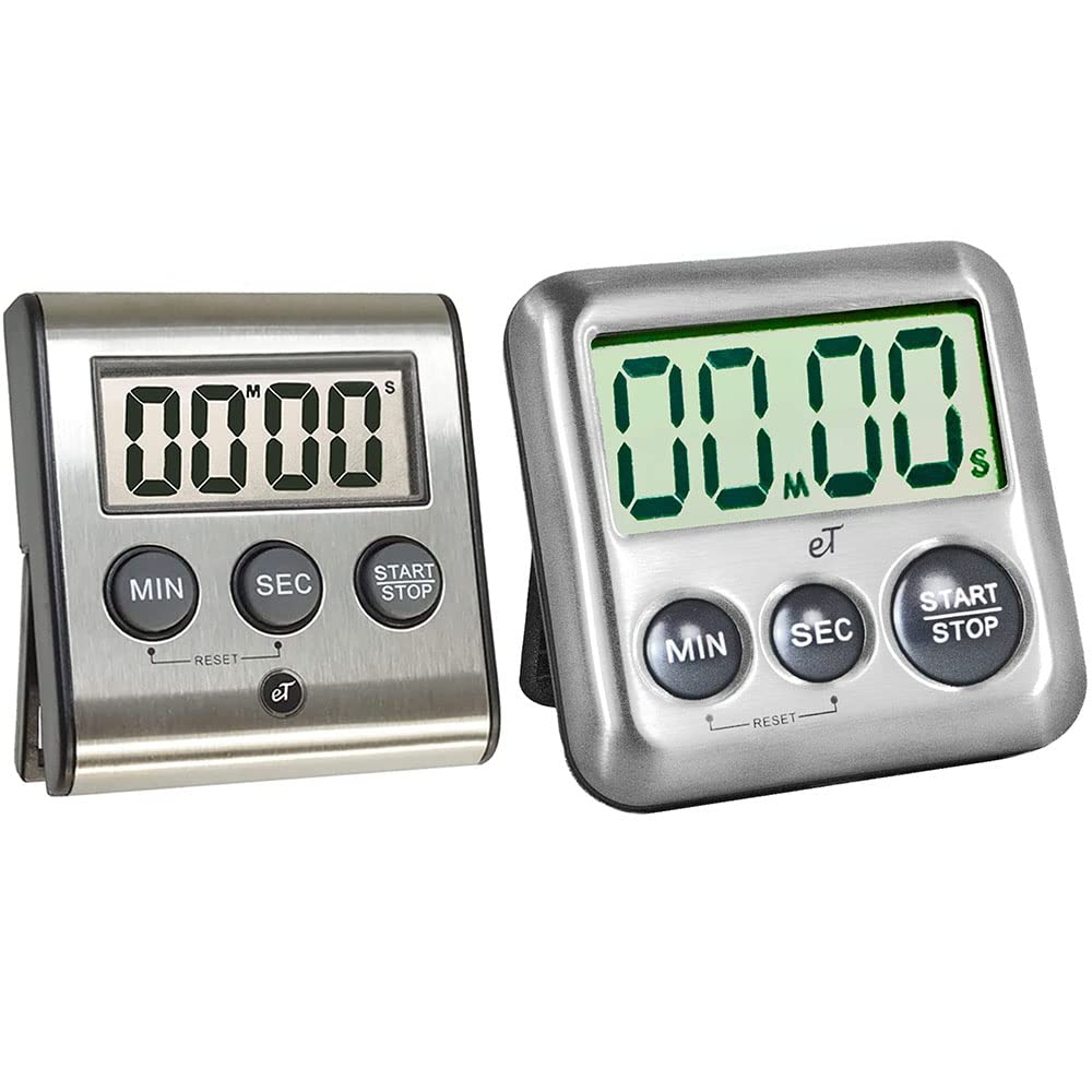 Elegant Digital Kitchen Timers 2 Pack Bundle Featuring Stainless Steel Models eT-23 and Model eT-27, Auto Shutoff Auto Memory