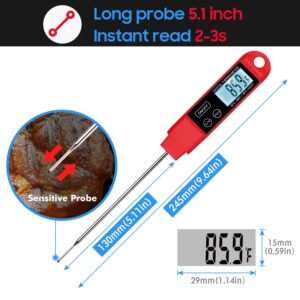 DOPI Instant Read Meat Digital Food Grade Probe Thermometer, Smart Ultra Fast with Backlight and Calibration Thermometer for Kitchen, Outdoor Grilling and BBQ (Red)