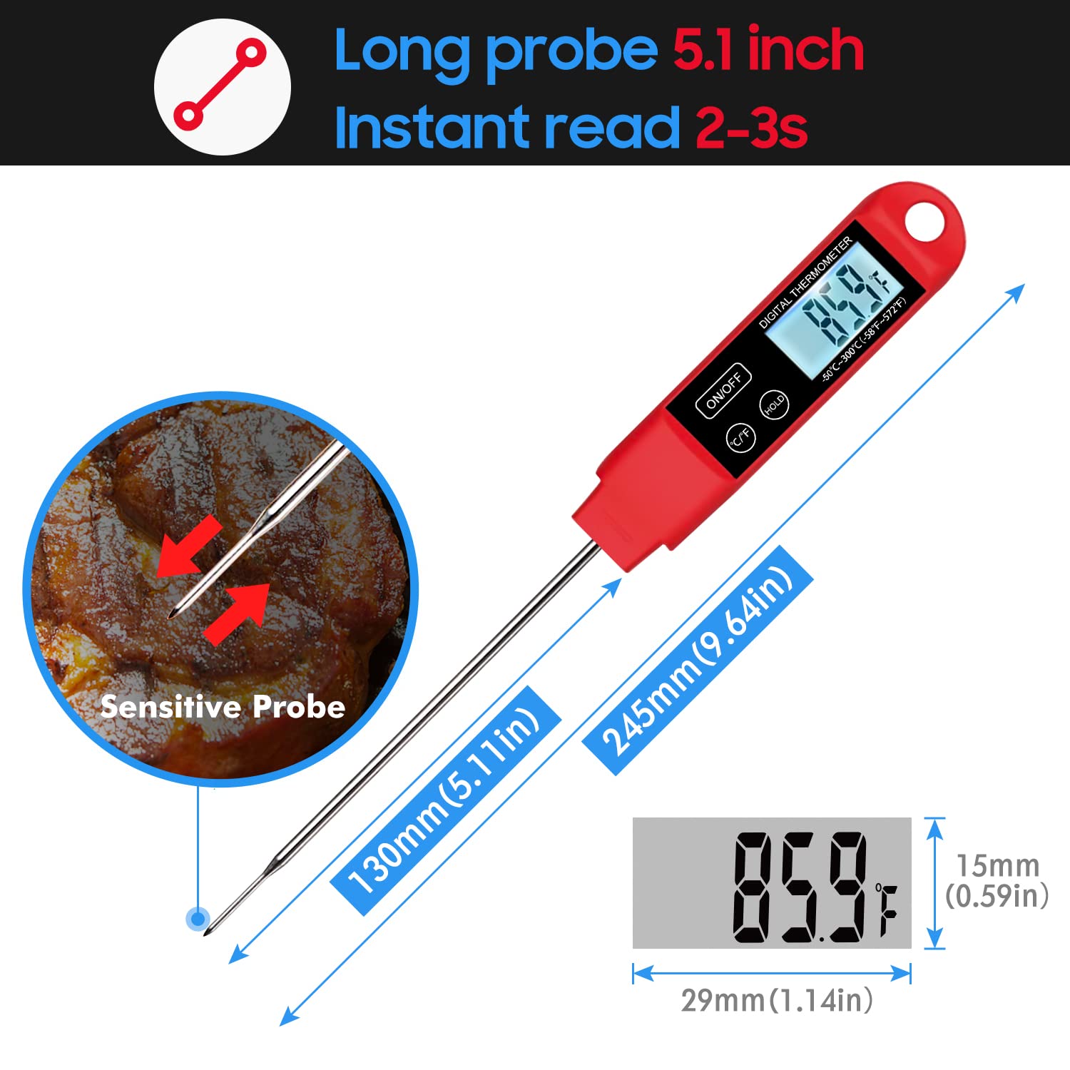 DOPI Instant Read Meat Digital Food Grade Probe Thermometer, Smart Ultra Fast with Backlight and Calibration Thermometer for Kitchen, Outdoor Grilling and BBQ (Red)