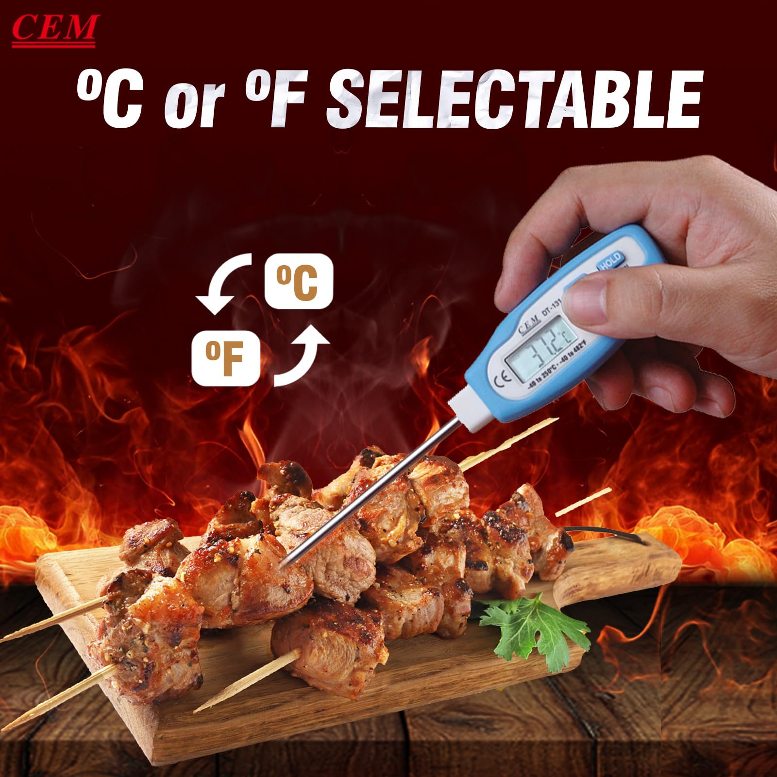 CEM Instant Read Meat Thermometer for Grill and Cooking. Best Waterproof Ultra Fast Thermometer with Backlight & Calibration. Digital Food Probe for Kitchen, Outdoor Grilling and BBQ!