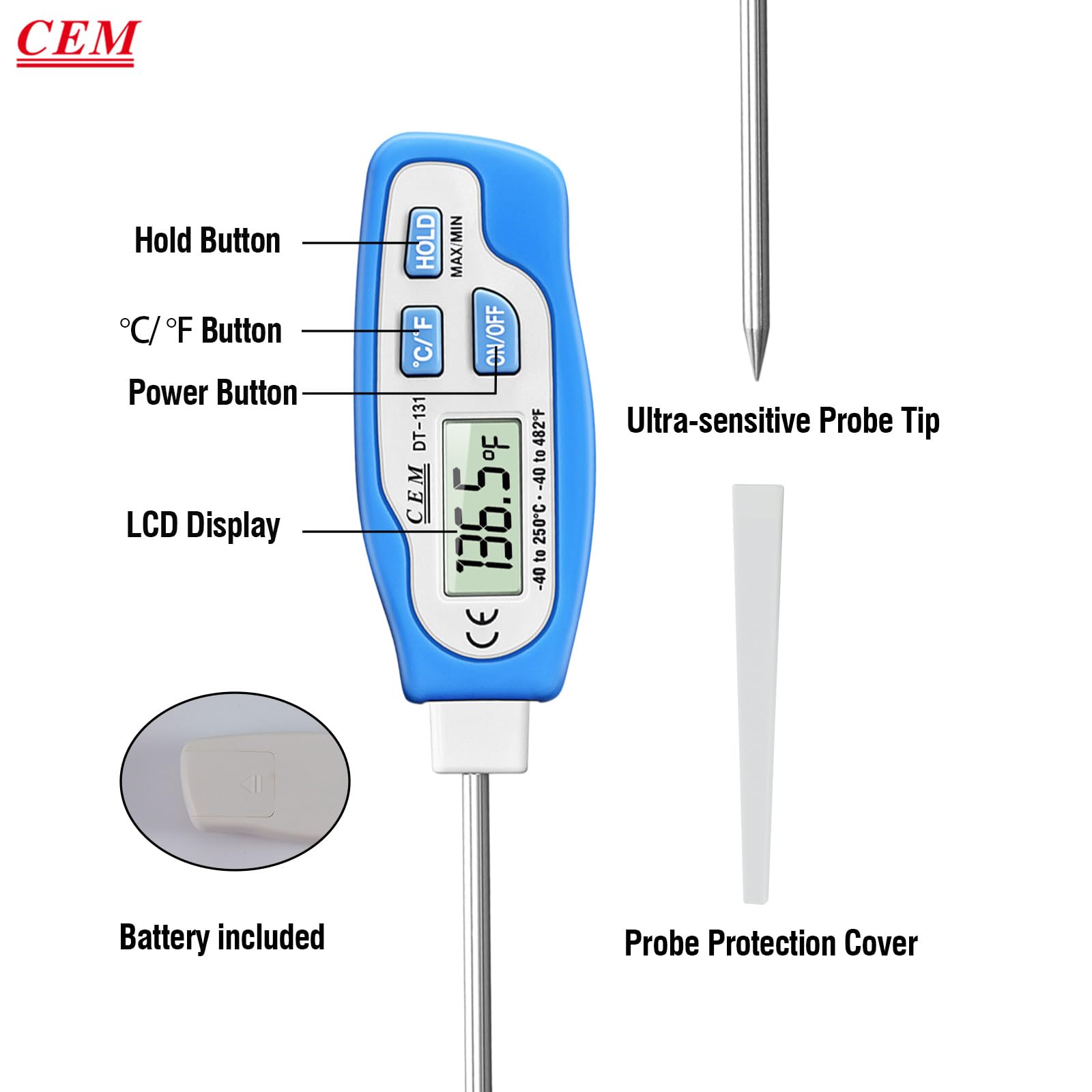 CEM Instant Read Meat Thermometer for Grill and Cooking. Best Waterproof Ultra Fast Thermometer with Backlight & Calibration. Digital Food Probe for Kitchen, Outdoor Grilling and BBQ!