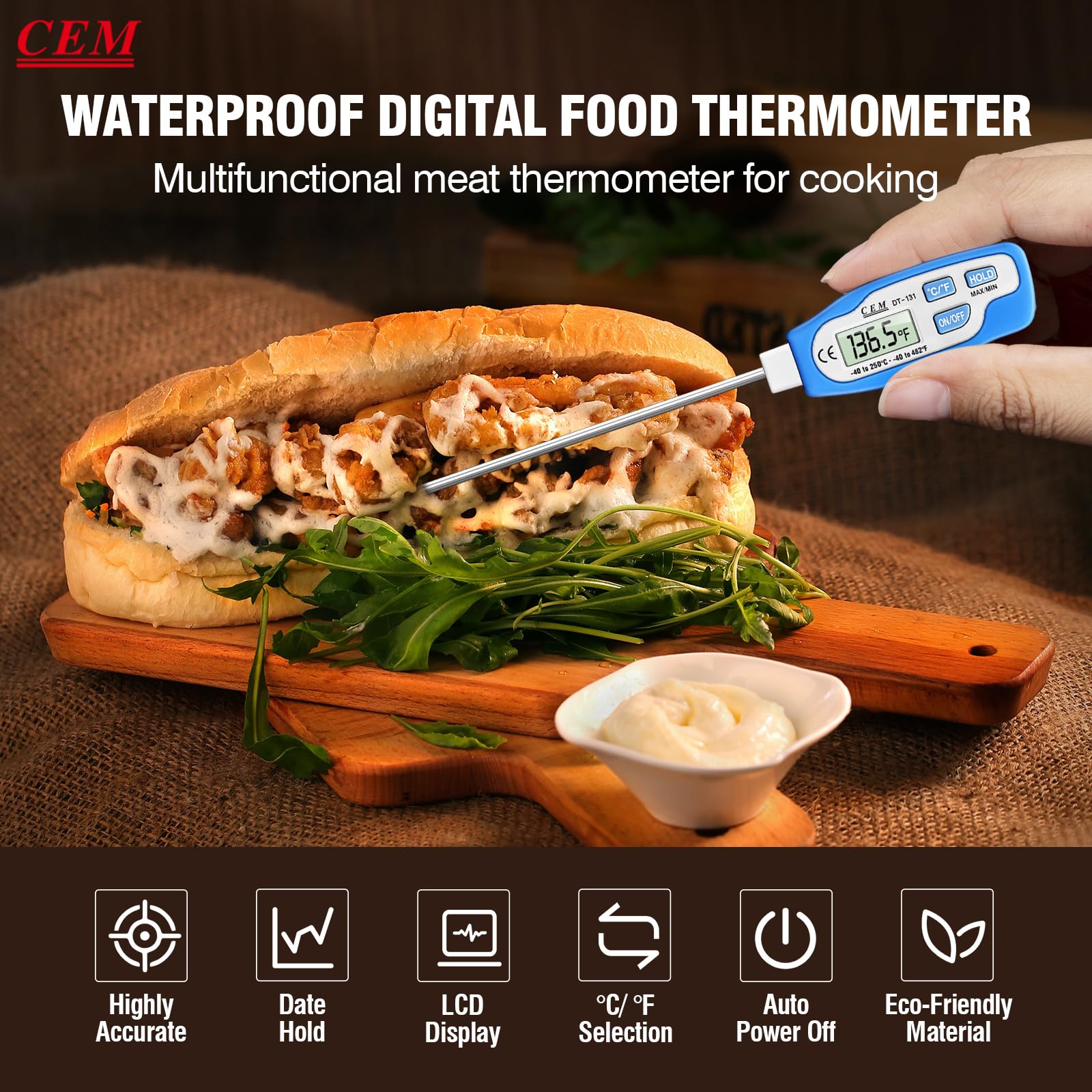 CEM Instant Read Meat Thermometer for Grill and Cooking. Best Waterproof Ultra Fast Thermometer with Backlight & Calibration. Digital Food Probe for Kitchen, Outdoor Grilling and BBQ!