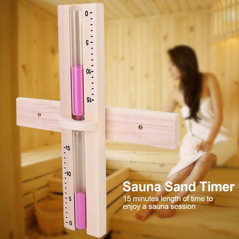 Biitfuu 15 Minutes Wooden Sandglass Timer Wall-Mounted Rotating Hourglass Timer Room Glass Sand Clock with Pink Sands for Sauna Room