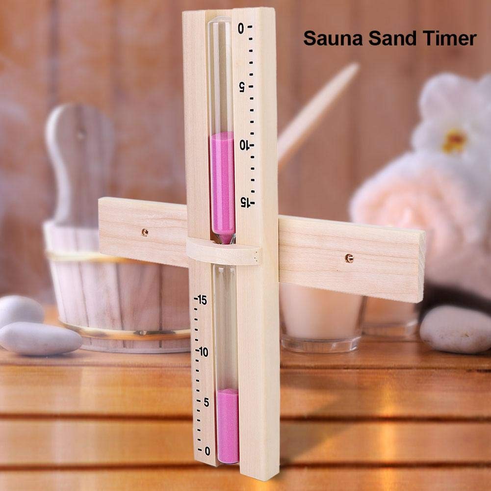 Biitfuu 15 Minutes Wooden Sandglass Timer Wall-Mounted Rotating Hourglass Timer Room Glass Sand Clock with Pink Sands for Sauna Room