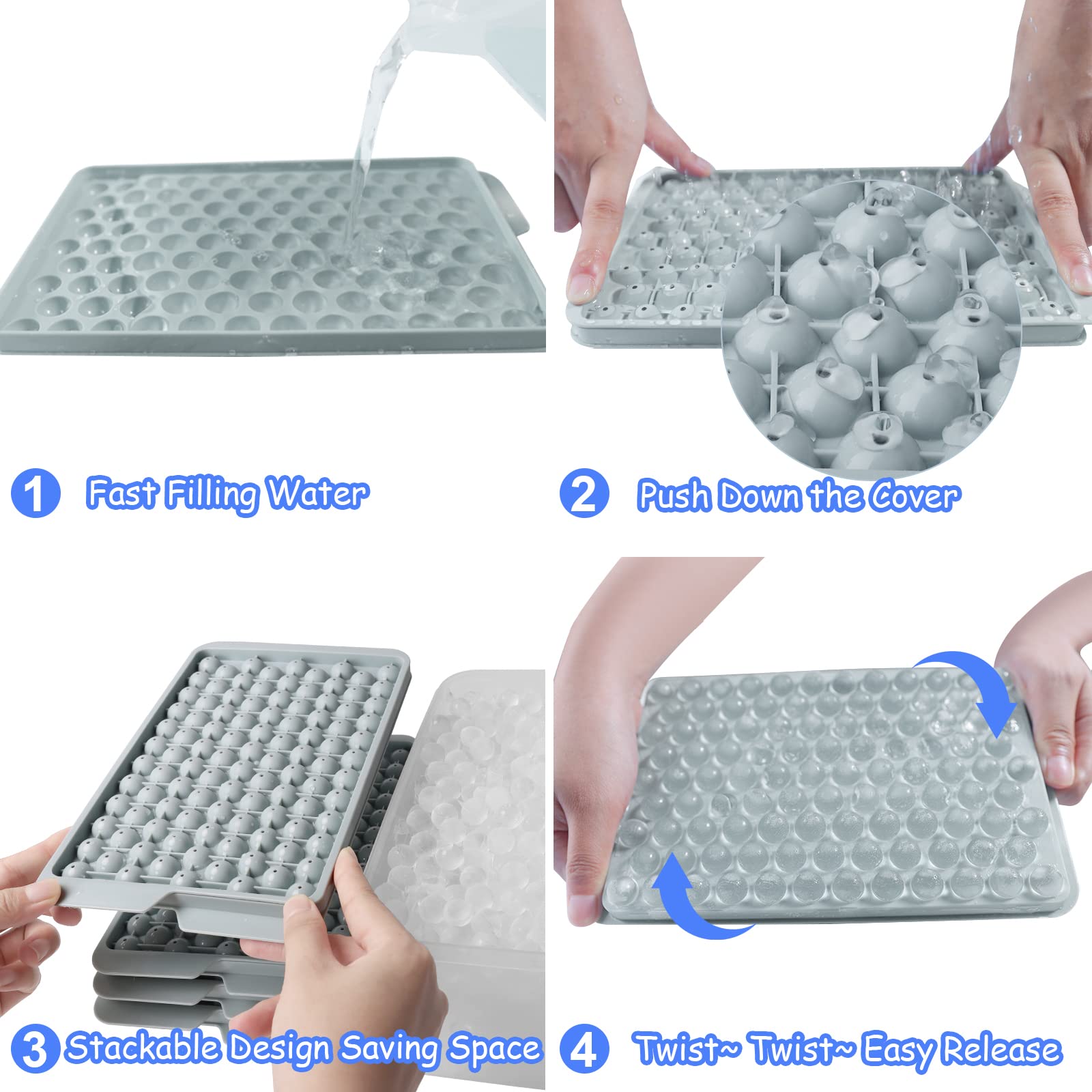 Miaowoof Mini Ice Cube Trays, 0.6in Small Maker for Freezer Easy Release, 104x4 PCS Ball Mold with Bin & Scoop, Tiny Tray Crushed Chilling Drinks Coffee Juice Cocktail