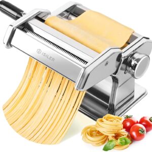 Pasta Machine, ISILER 9 Adjustable Thickness Settings Pasta Maker, 150 Roller Noodles Maker with Aluminum Alloy Rollers and Cutter for Pasta, Spaghetti, Fettuccini, Lasagna