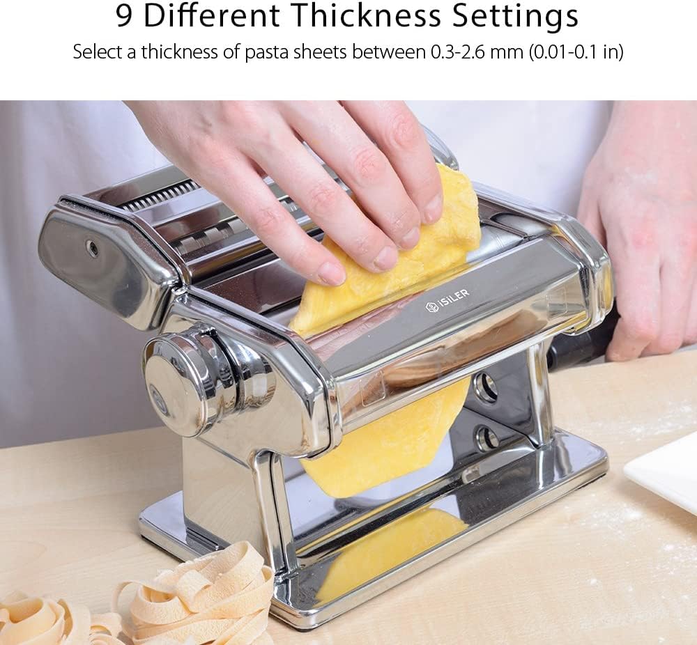 Pasta Machine, ISILER 9 Adjustable Thickness Settings Pasta Maker, 150 Roller Noodles Maker with Aluminum Alloy Rollers and Cutter for Pasta, Spaghetti, Fettuccini, Lasagna