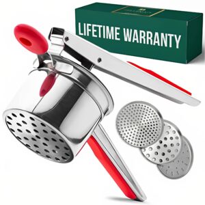 bellemain potato ricer 15 oz with 3 interchangeable discs | mash potato masher stainless steel, sweet potato masher kitchen tool | spaetzle maker press, khuon banh lot, spaetzle noodle maker