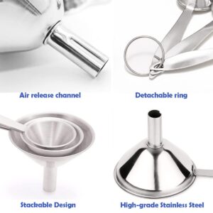 Small Funnels for Filling Bottles, 3 Pcs Stainless Steel Kitchen Funnel Set with Long Handle, Food Grade Mini Metal Funnel for Transferring Oil Liquid, Easy Cleaning with a Brush