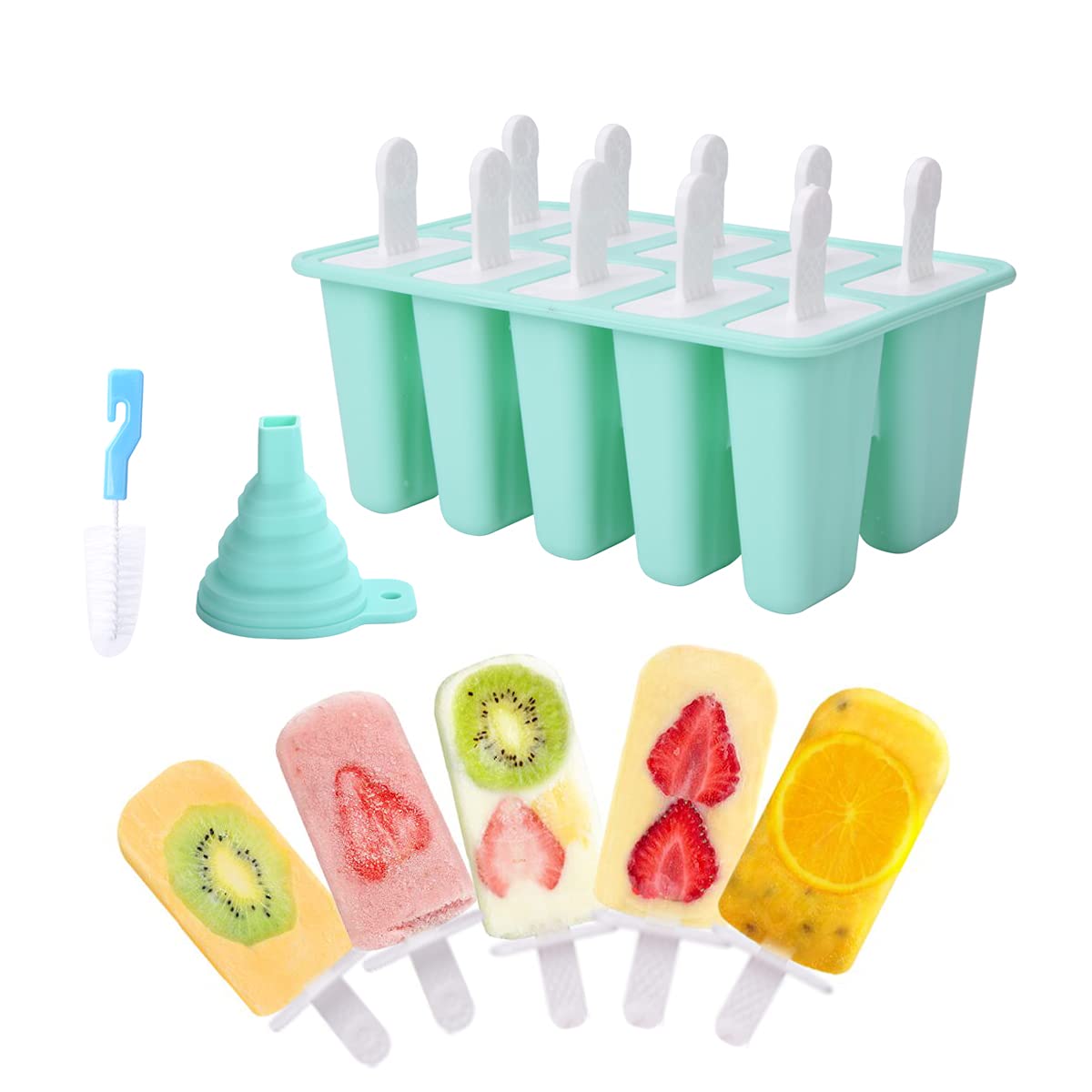 YSBER Popsicle Molds -10 Pieces Easy Release - Reusable BPA Free Silicone Ice Pop Molds Maker With Silicone Funnel & Cleaning Brush.