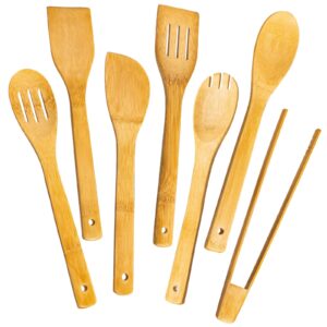 wooden spoons for cooking 7-piece, kitchen nonstick bamboo cooking utensils set, durable and healthy bamboo wooden spatula spoon for cooking, eisinly