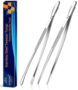 jetkong 2 pcs 12-inch kitchen tweezers fine tweezer tongs, extra-long stainless steel cooking tweezers (silver)