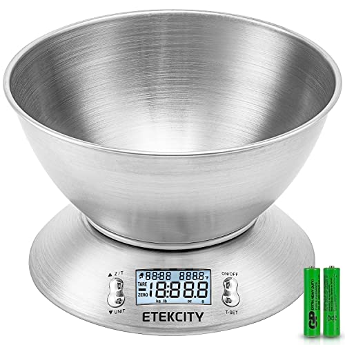 Etekcity Food Kitchen Scale with Bowl, Digital Weight Scale for Food Ounces and Grams, Cooking and Baking, Timer, and Temperature Sensor, 2.06 QT, Stainless Steel