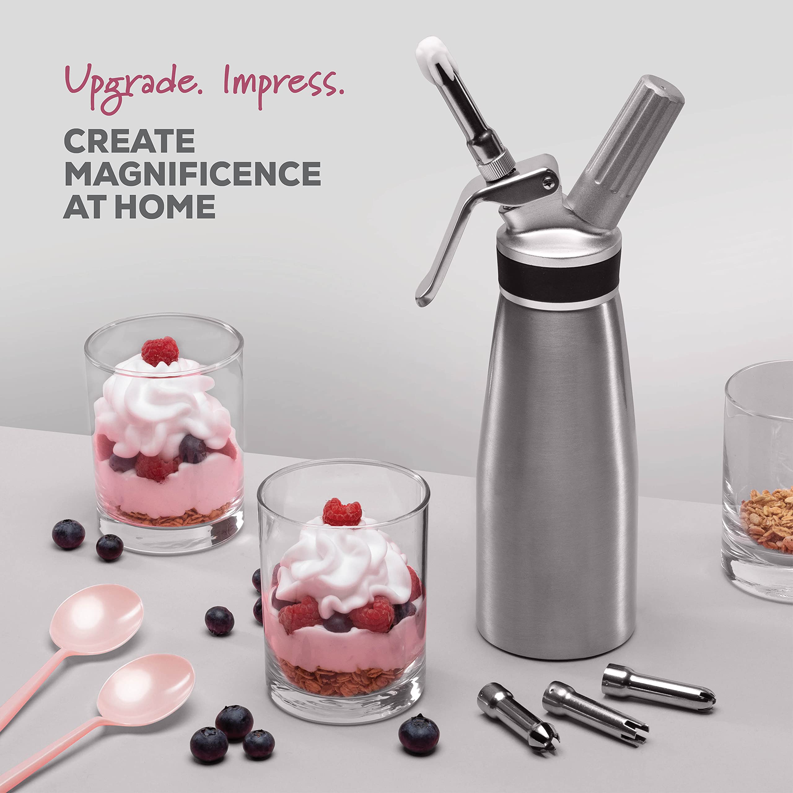 Aluminum Whipped Cream Dispenser with 3 Nozzles, Brush & Recipe Guide