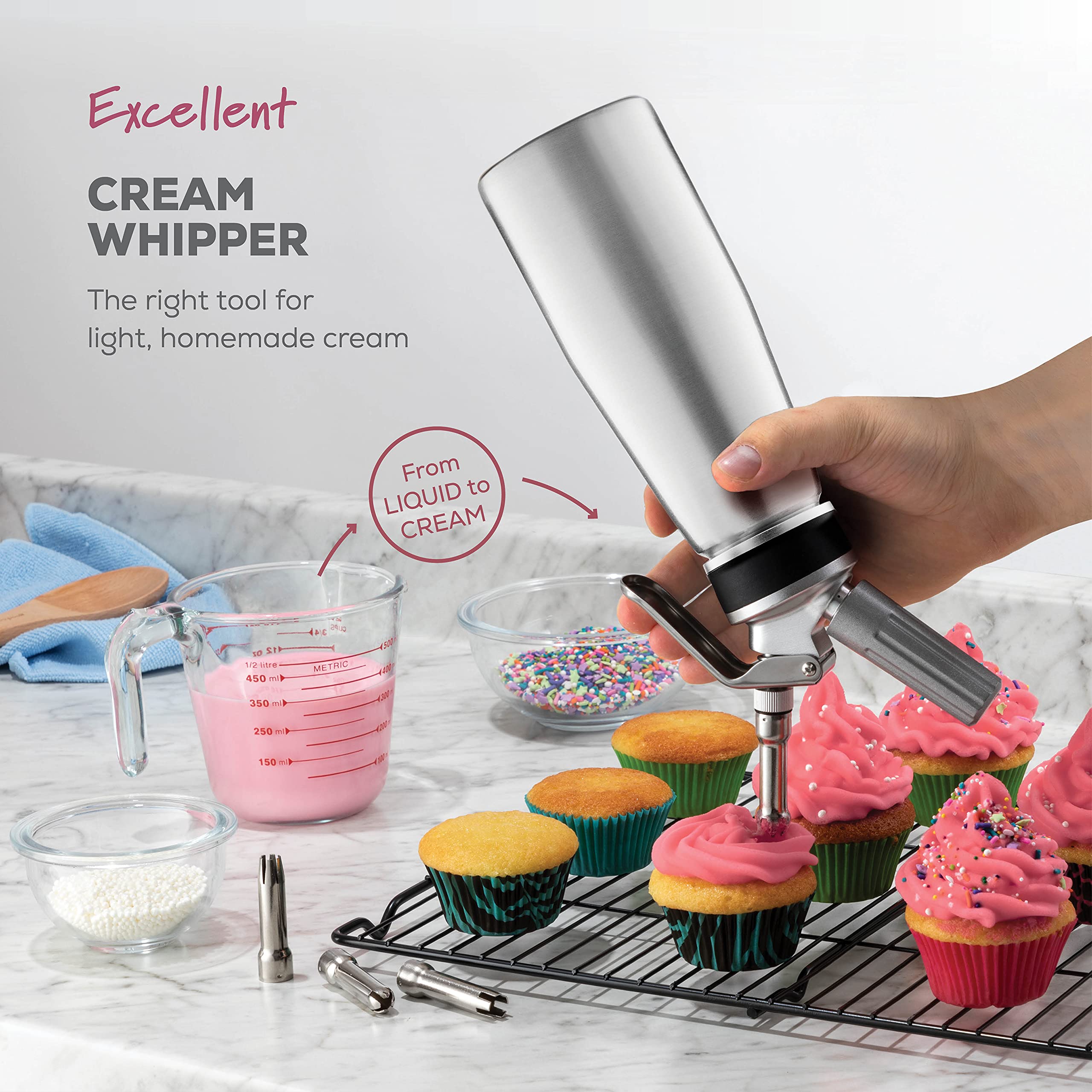 Aluminum Whipped Cream Dispenser with 3 Nozzles, Brush & Recipe Guide